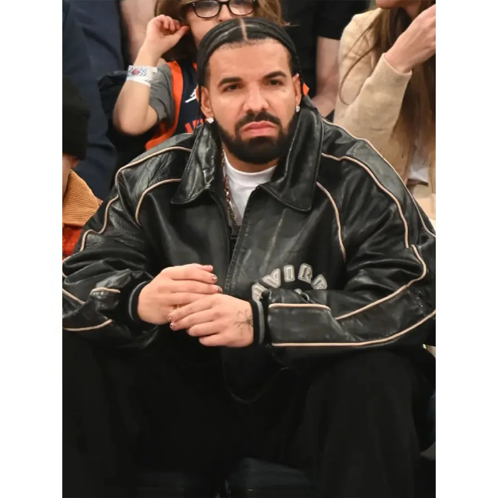 Drake Knicks Game Leather Jacket | Black Bomber Jacket